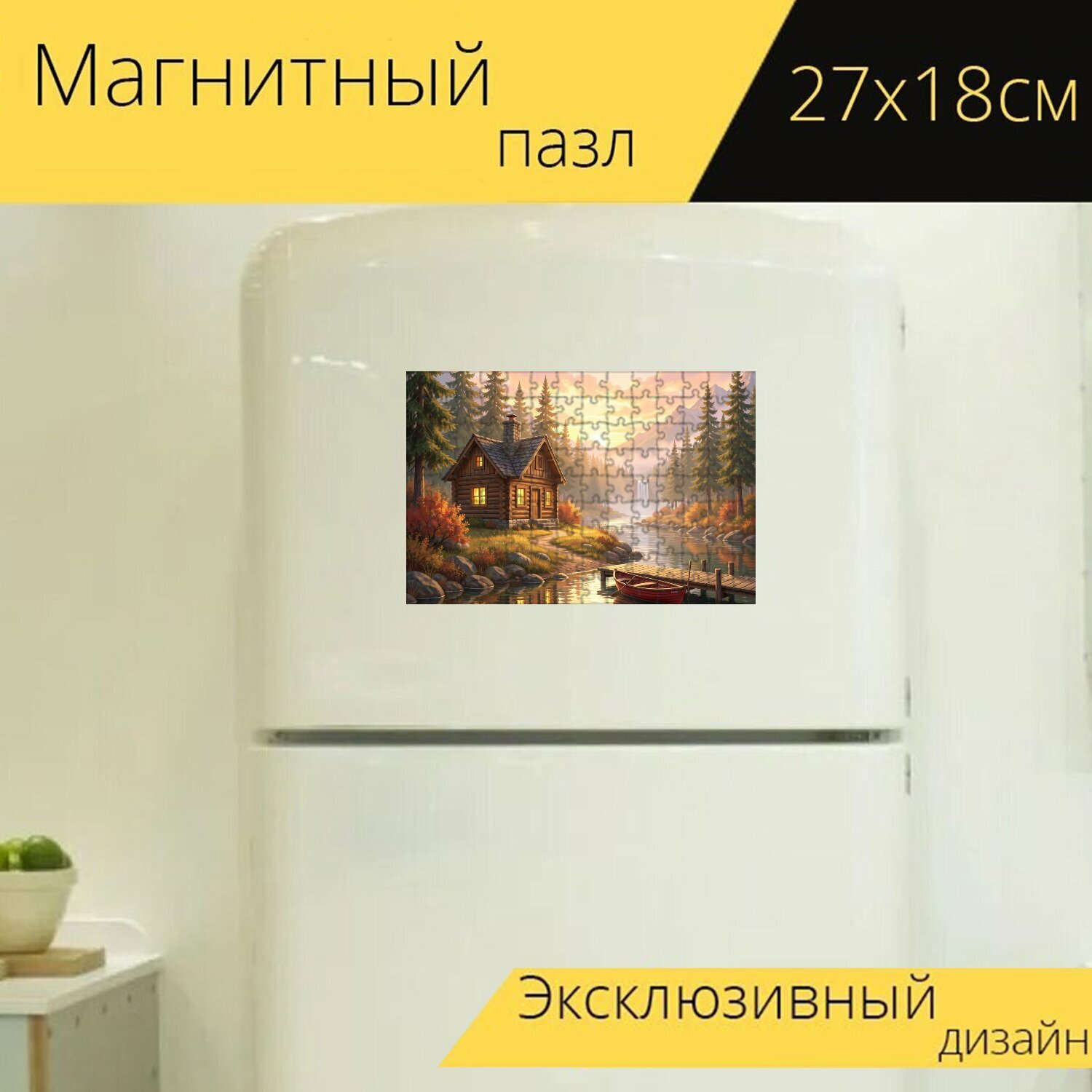Магнитный пазл "Уютный дом у горной реки. Живописный деревянный домик у воды в сосновом лесу, лодка у причала, водопад и туманные горы на рассвете." на холодильник 27 x 18 см.