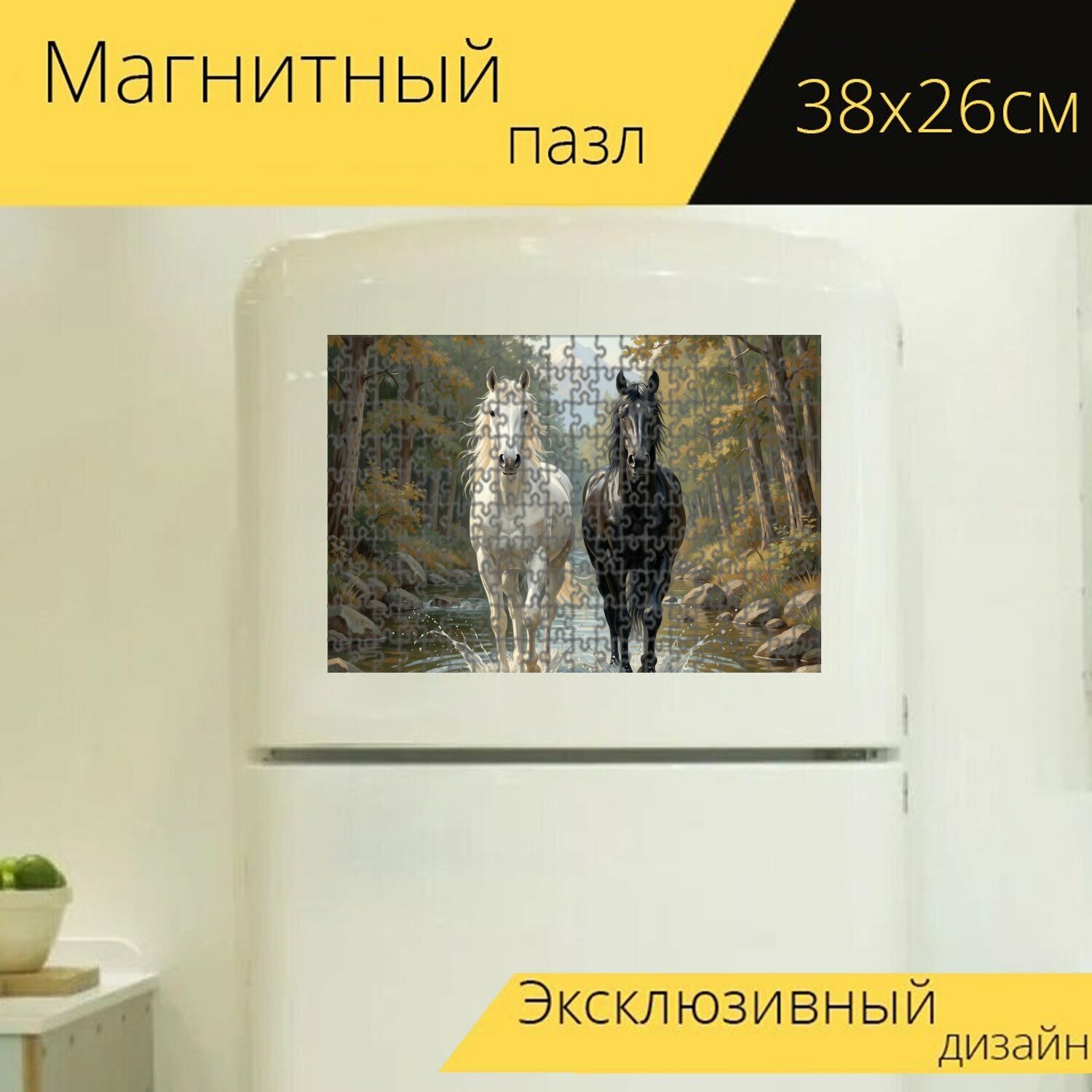 Магнитный пазл "Два коня в лесном ручье. Живописная сцена с парой лошадей, идущих по воде среди осеннего леса и горного пейзажа. Светлые и темные оттенки." для интерьера, 38х26 см.