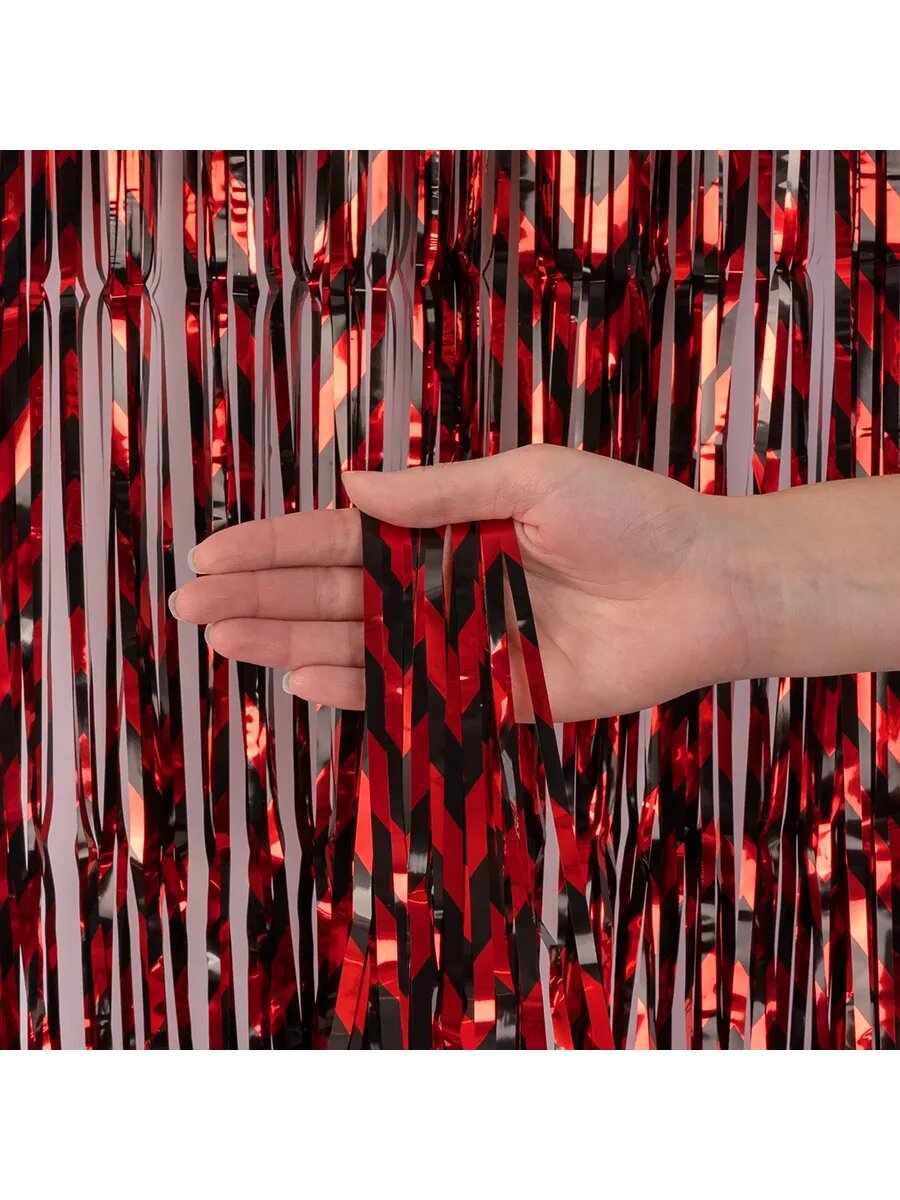 Занавес Дождик Зигзаги, Черный/Красный, Металлик, 100*200 см