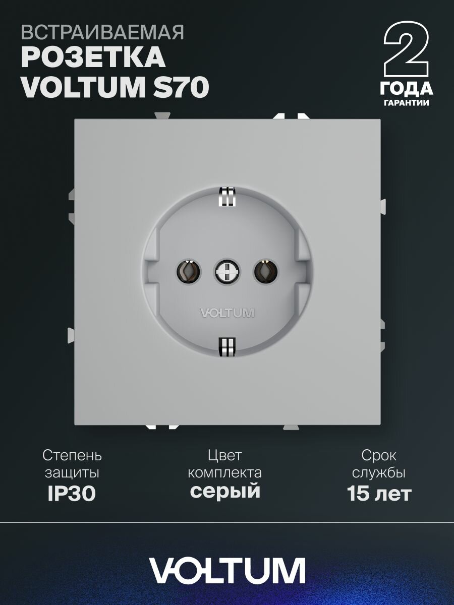 Розетка встраиваемая с заземлением и защитными шторками Voltum 16А цвет серый