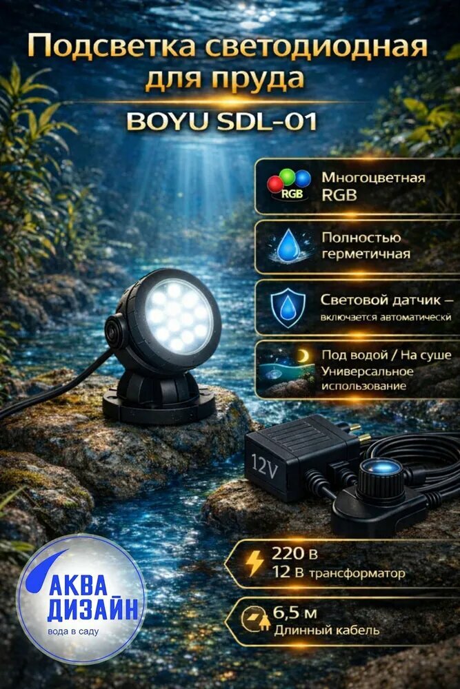 Подсветка светодиодная для пруда BOYU SDL-01 RGB с датчиком света(1,5W)