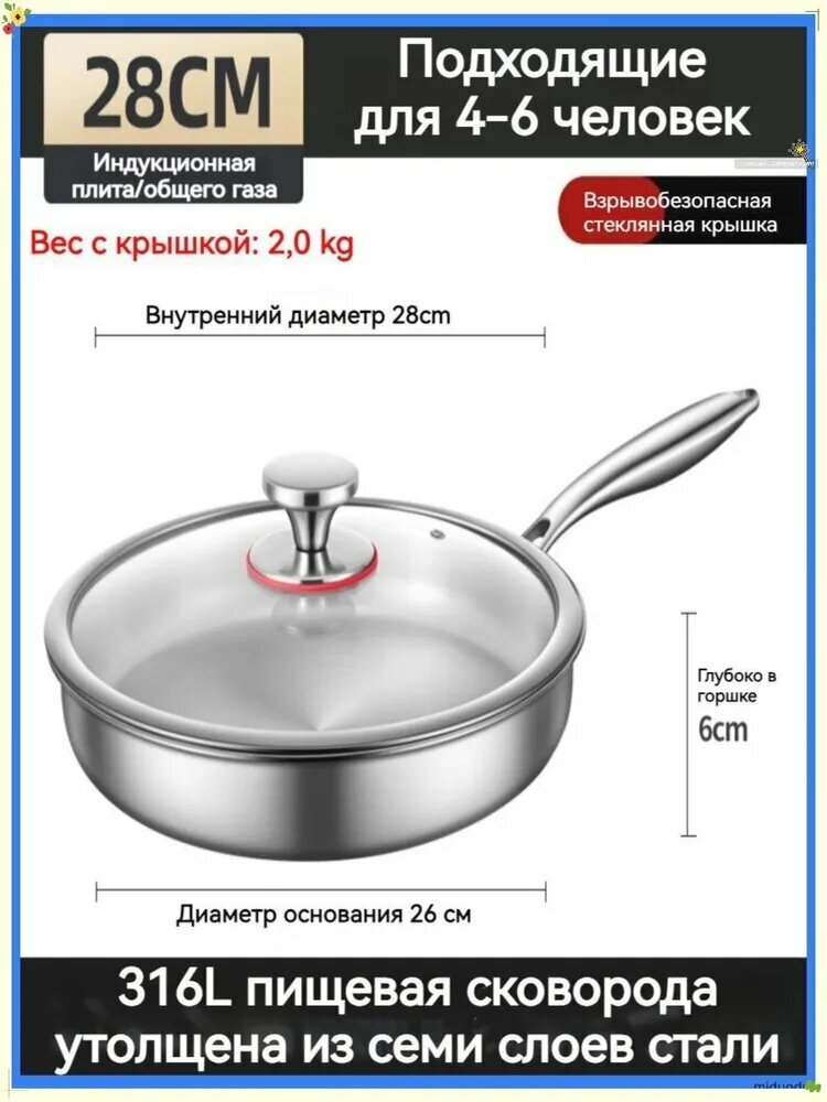 Сковорода, 28 см, с крышкой, со съемной ручкой