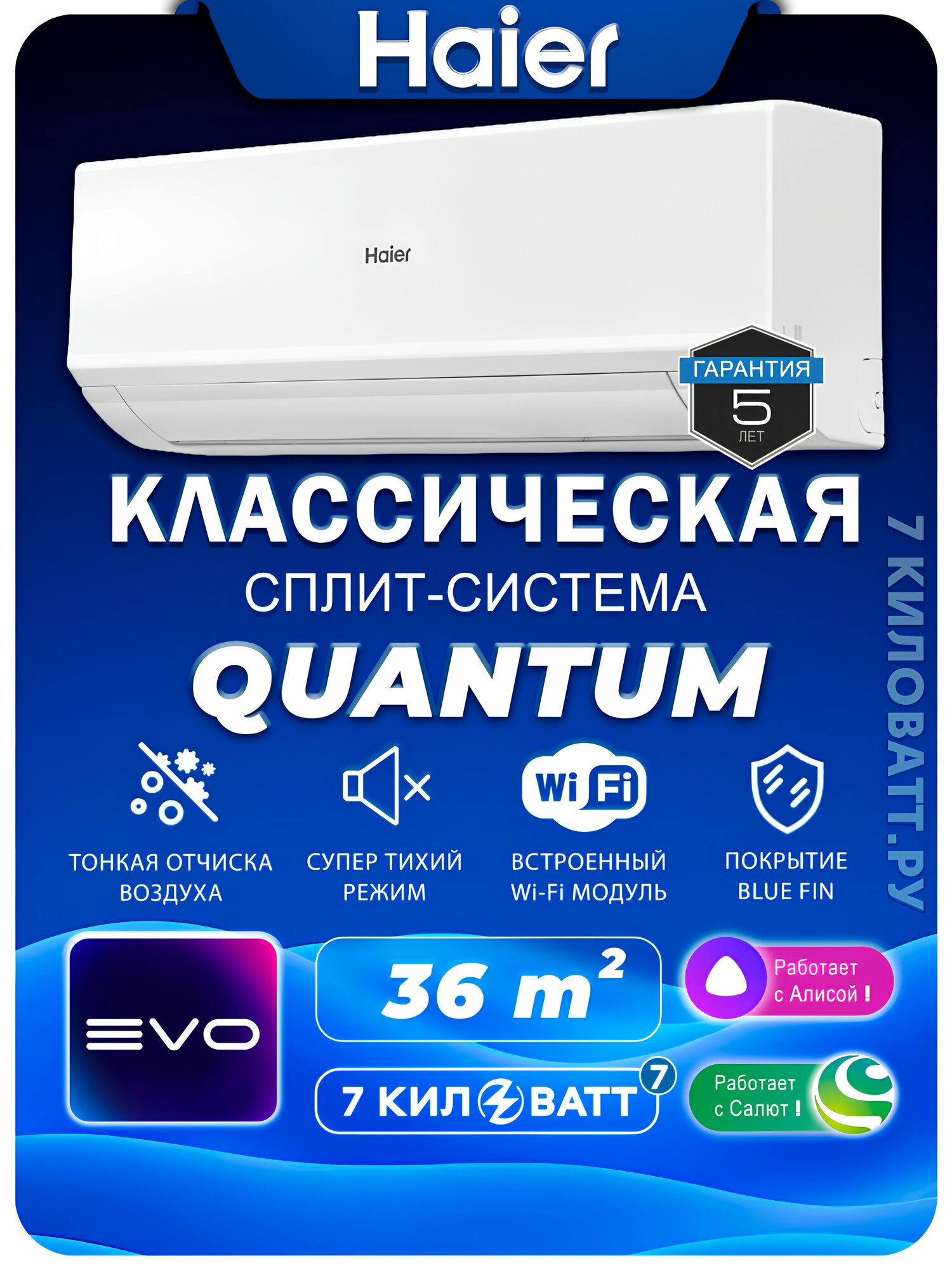 Сплит-система Haier Quantum HSU-12HQJ103/R3-W на 36 м2 встроенный Wi-Fi, премиальный компрессор QINGAN