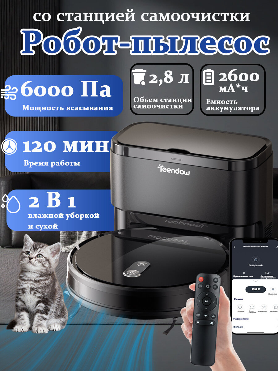 DPDN Робот-пылесос с влажной и сухой уборкой, со станцией самоочистки, Wi-Fi, 6000Па, T2, черный матовый