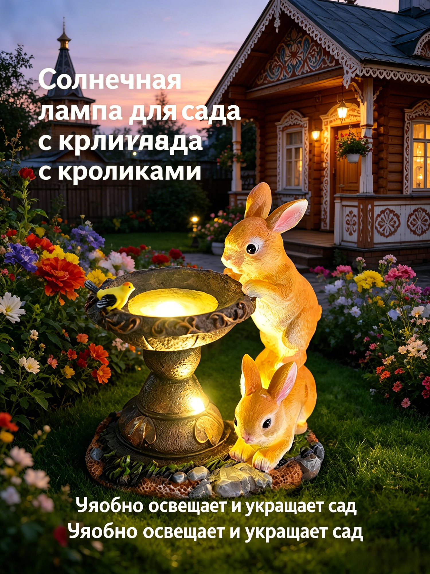 Фигурка садовая，солнечная энергия，Статуя кролика，смола，Двойной кролик，20*15*22CM
