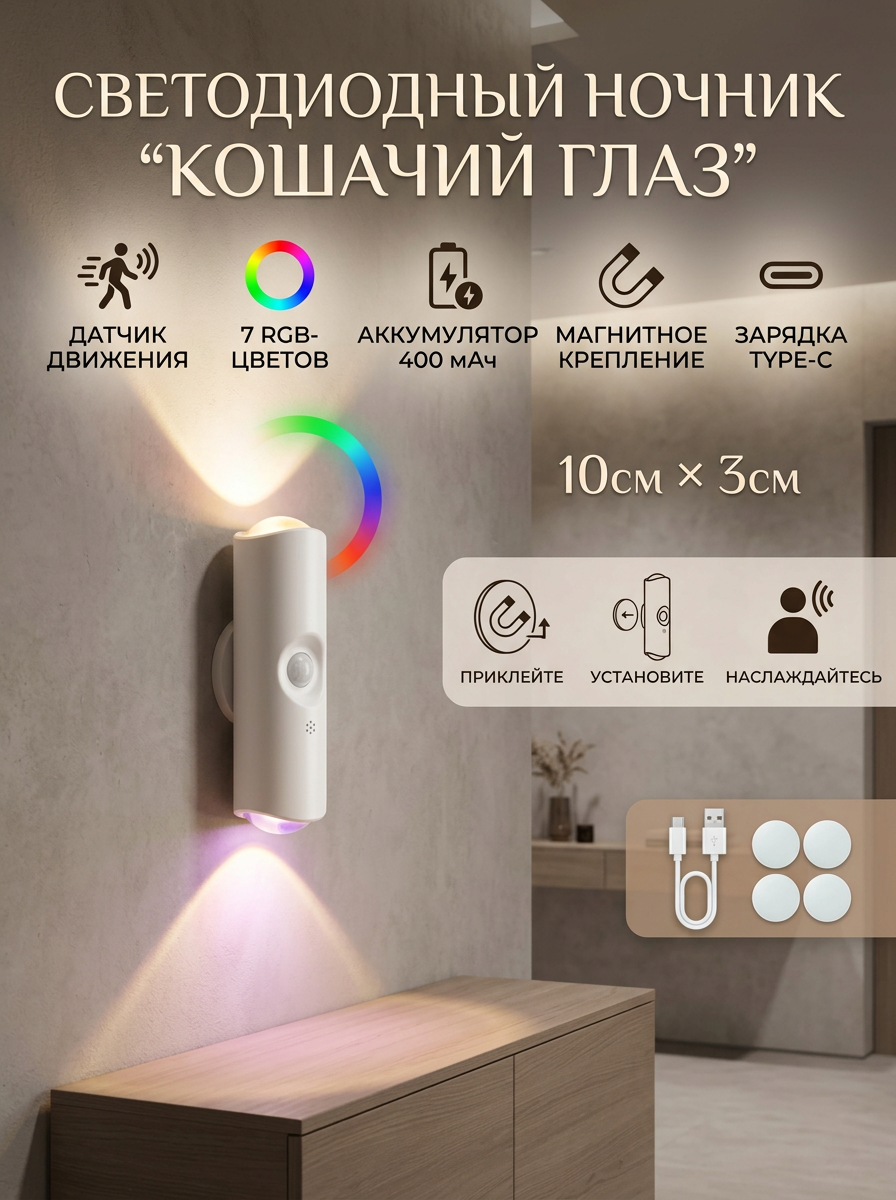 Ночник с датчиком движения "Умный LED", магнитный, подсветка, 2 шт.