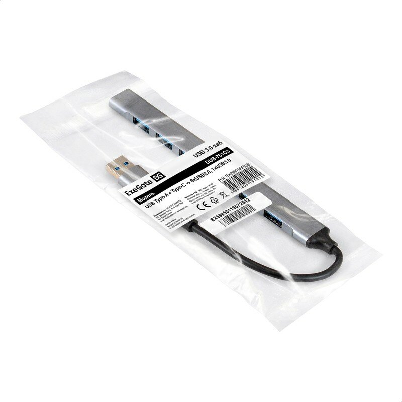 Хаб, разветвитель, USB+Type-C ExeGate DUB-761C3 USB 7 - port, ext (EX99790RUS)