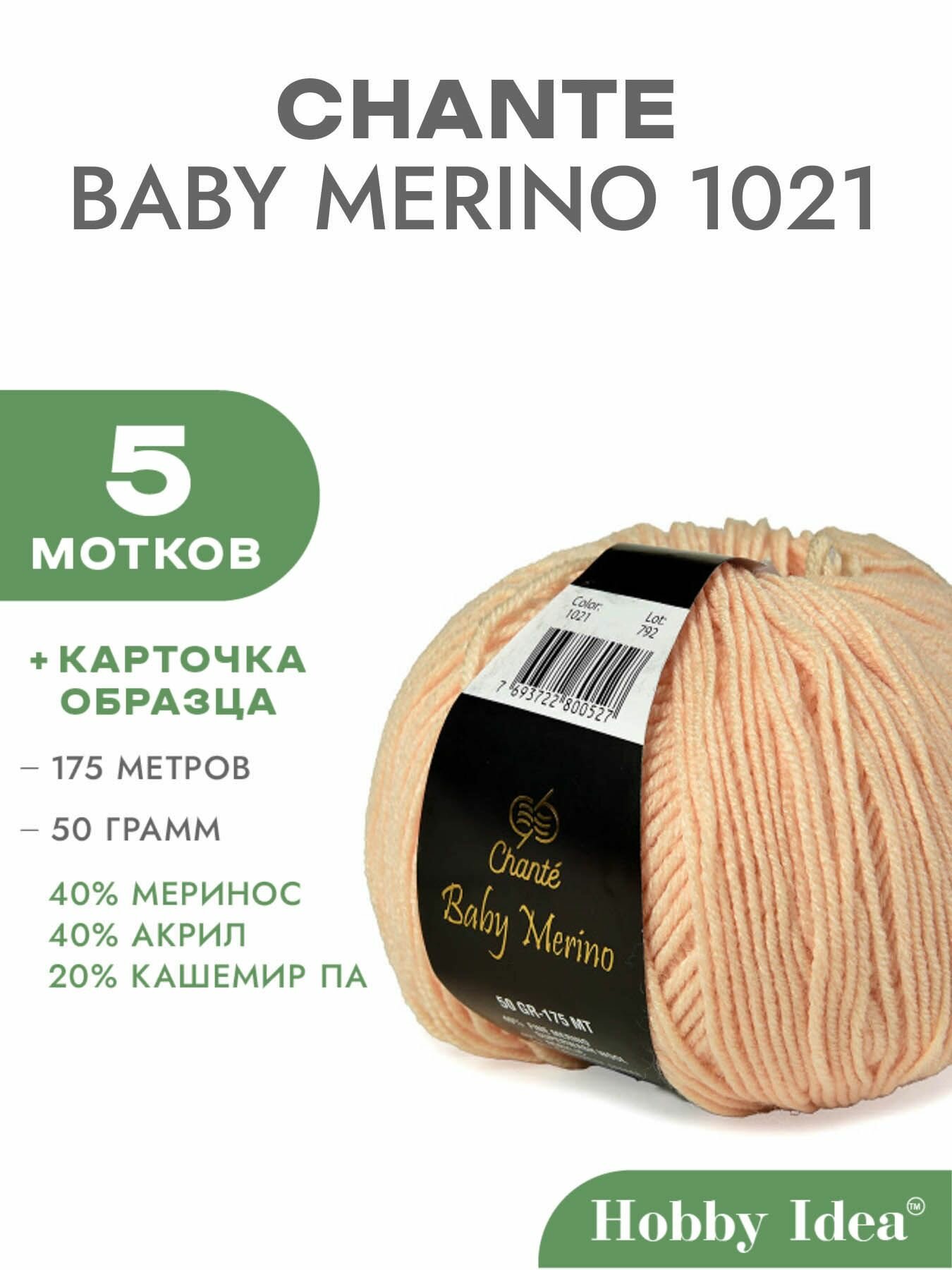 Пряжа Chante Baby Merino 1021 Бежевый 5 мотков (Нитки шерстяные Шантэ Бэби Мерино)
