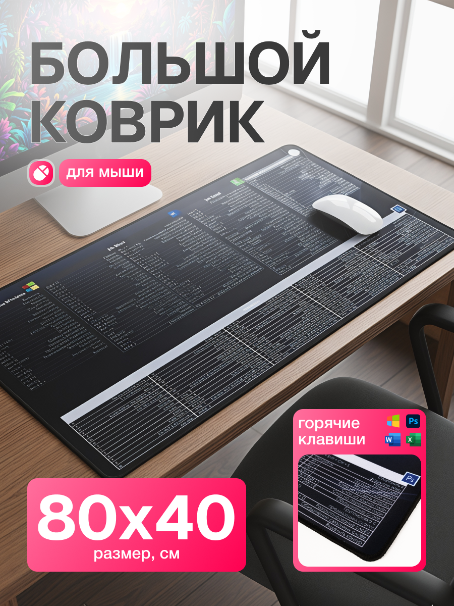 Коврик для мышки и клавиатуры большой Горячие клавиши, компьютерный коврик игровой 400*800, антискользящий, геймерский