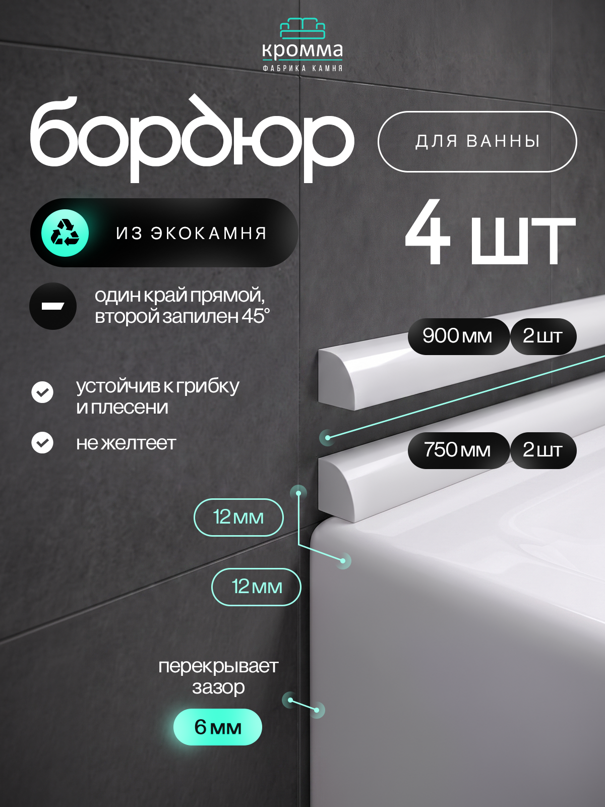 Акриловый бордюр плинтус для ванны 12/750 мм. белый цвет, глянцевая поверхность - 4 штуки в наборе