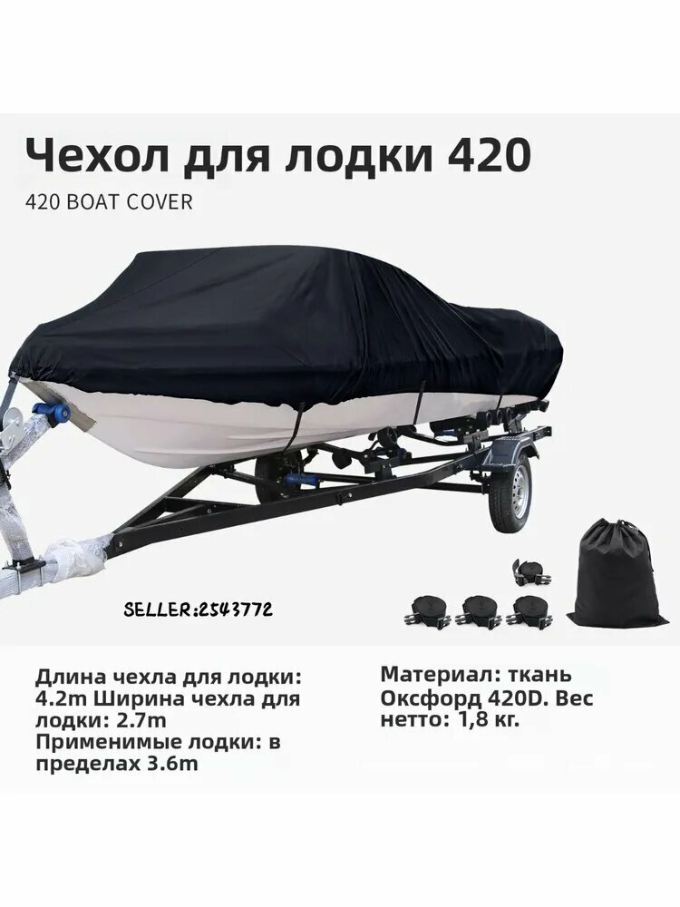Чехол для лодки 420х270 см из ткани Оксфорд 420D, черный матовый — фото 1