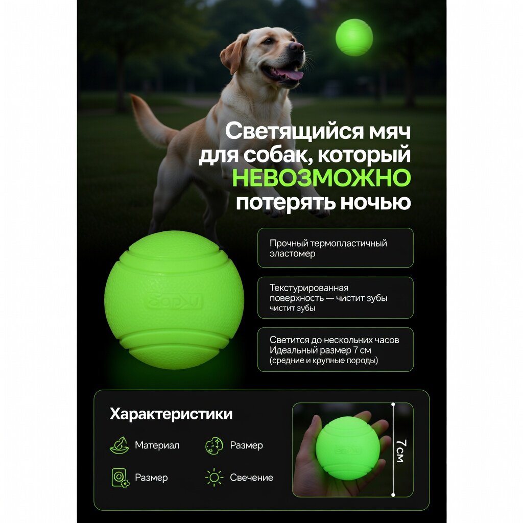 Светящийся мяч для собак 7 см — прочная игрушка для ночных игр, светится в темноте, резиновый мячик для средних и крупных пород, апортировка