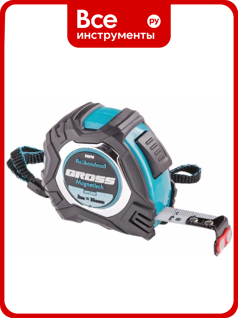 Рулетка GROSS Magnetisch, 3м х 16мм обрезиненный корпус 32570, металл, магнитная зацепка, стоп, клипса для ремня