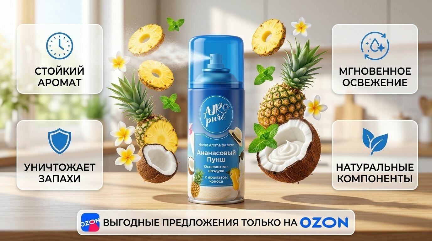 Освежитель воздуха AiR PURE "Ананасовый Пунш", автоматический, 250 мл
