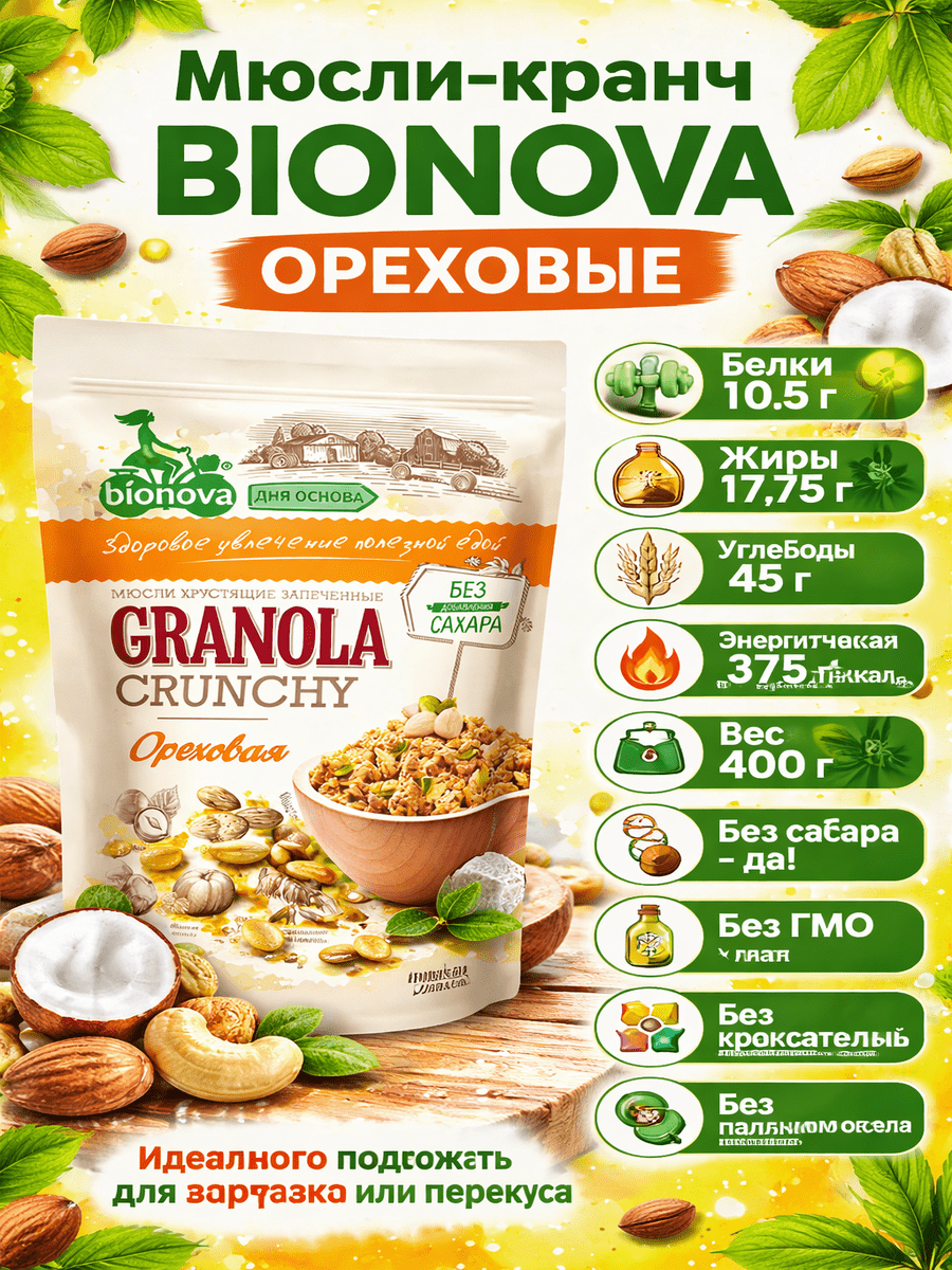 Мюсли-кранч Bionova ореховые, 400г