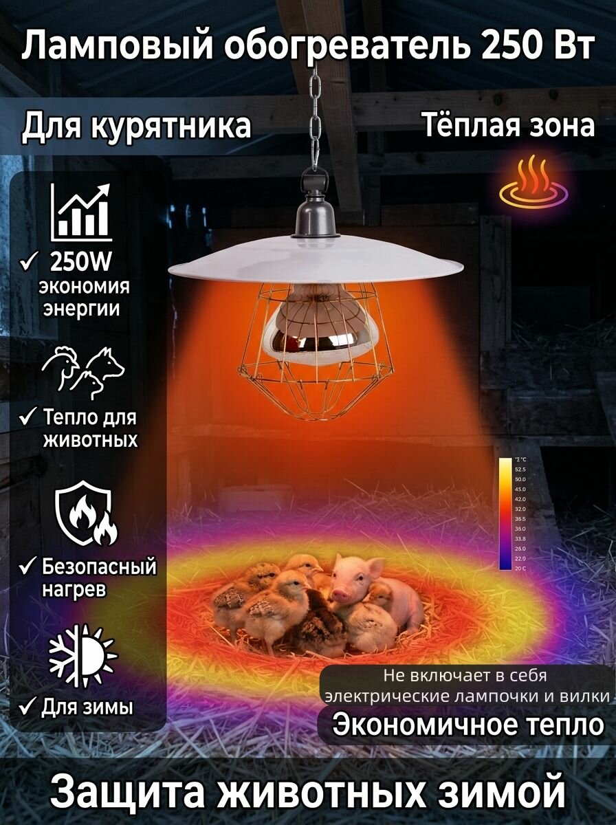 Плафон для инфракрасной лампы с защитной решеткой, патрон E27. Абажур металлический для обогрева цыплят, птиц и животных в курятнике