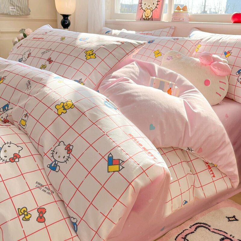 Детский комплект постельного белья Hello Kitty из четырех предметов: простыни и пододеяльники из чистого хлопка с