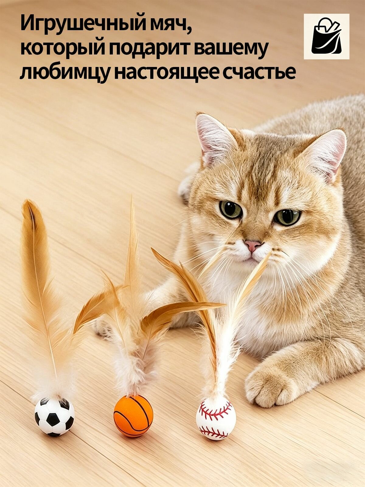 Мяч для кошек "Мяу", перьевой, каучуковый, 1 мяча в комплекте