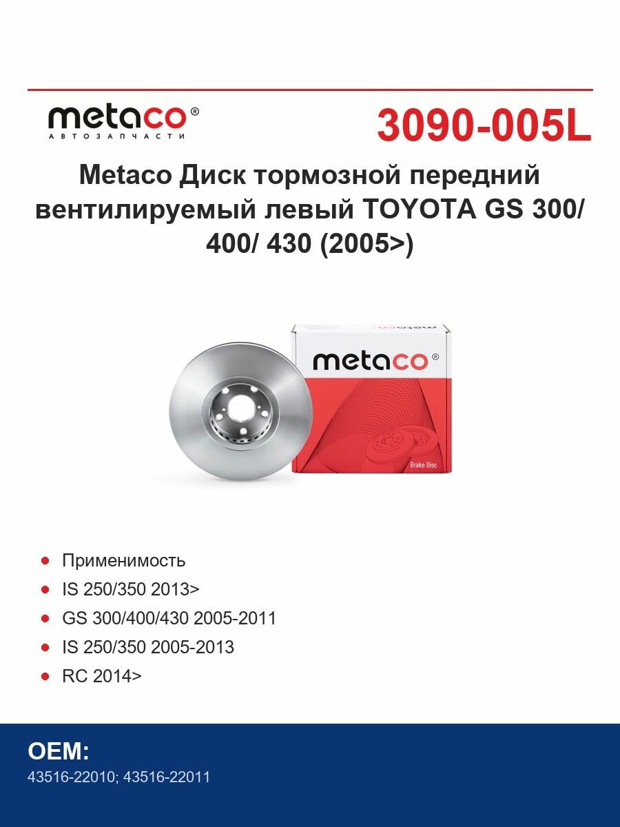 Metaco Диски тормозные передний вентилируемый левый TOYOTA GS 300/ 400/ 430 (2005>)