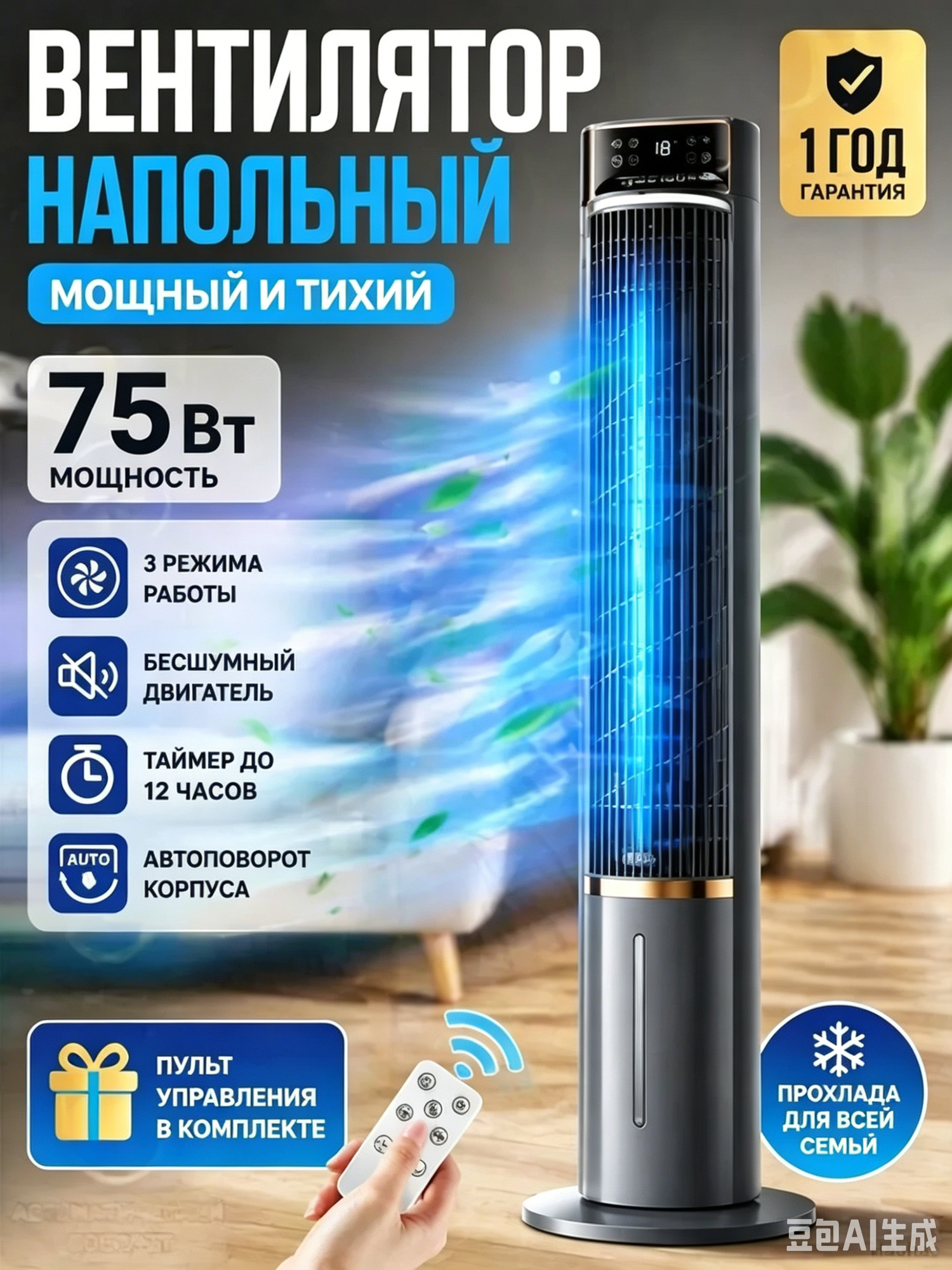 Напольный вентилятор mzm-20260205140839296, черно-серыйВентилятор напольный без лопастей с дистанционным управлением
