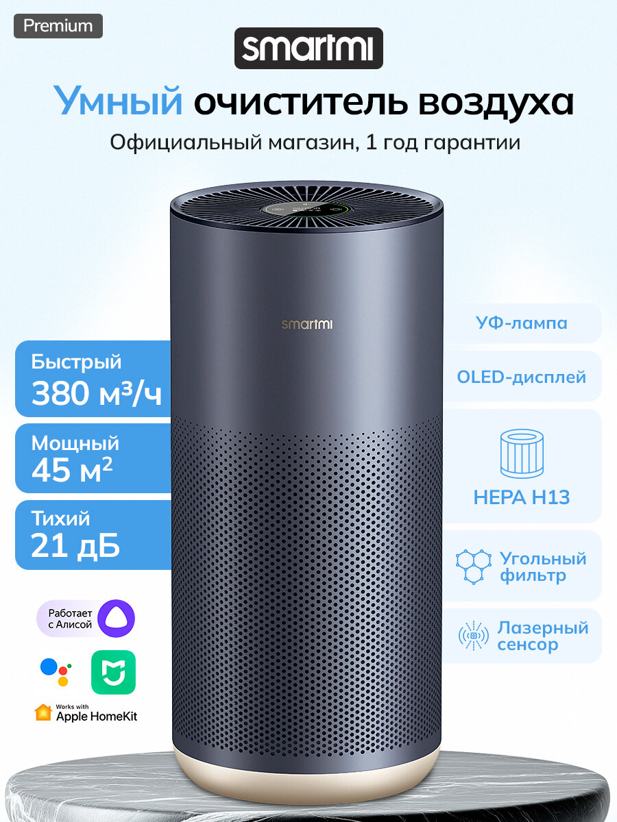 Очиститель воздуха Smartmi Air Purifier 2, с Алисой, WI-FI, черно-серый 40 Вт