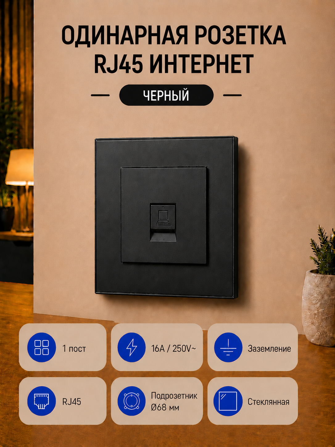 Розетка стеклянная с RJ45 интернетом, 1 пост, 16А 250В, черная