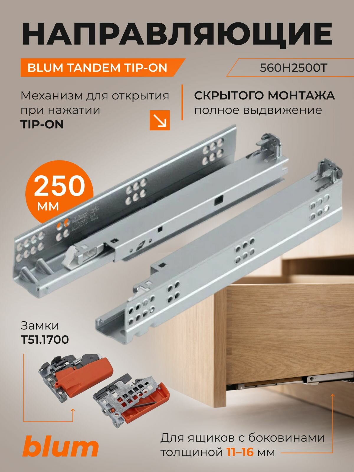 BLUM TANDEM направляющие скрытого монтажа полного выдвижения TIP-ON 250мм с замками 560H2500T