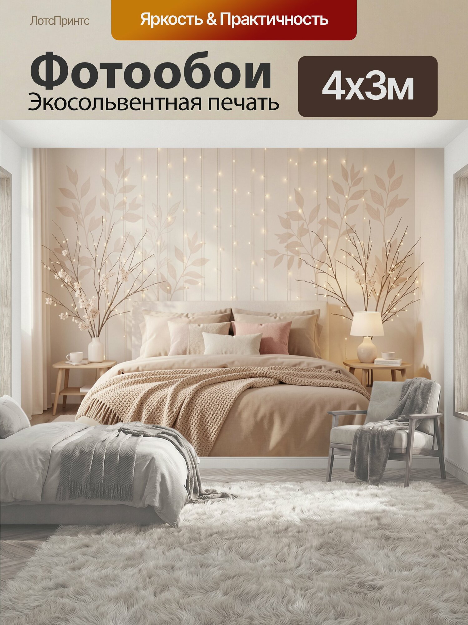 Фотообои "Уютная спальня с огоньками. Светлый интерьер с двуспальной кроватью, мягким текстилем и бежево-розовой гаммой. На стене нежная." 400x300 см. экосольвентная печать