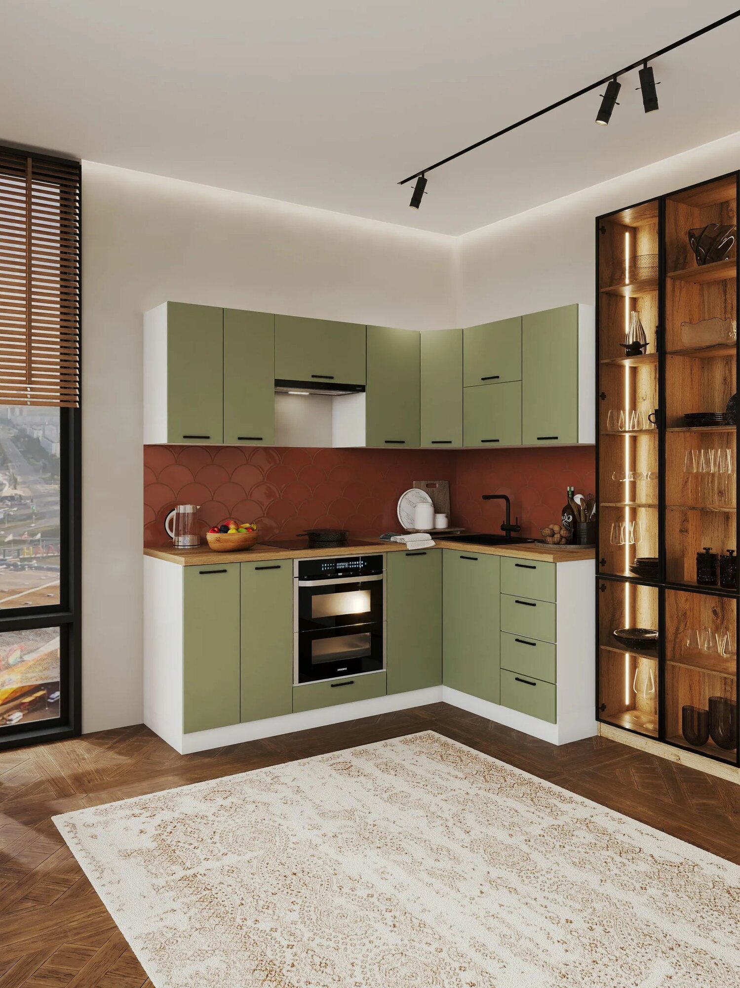 Кухонный гарнитур без столешницы "Агава Smooth" МДФ 150*220*211 см. Белый/Зеленый