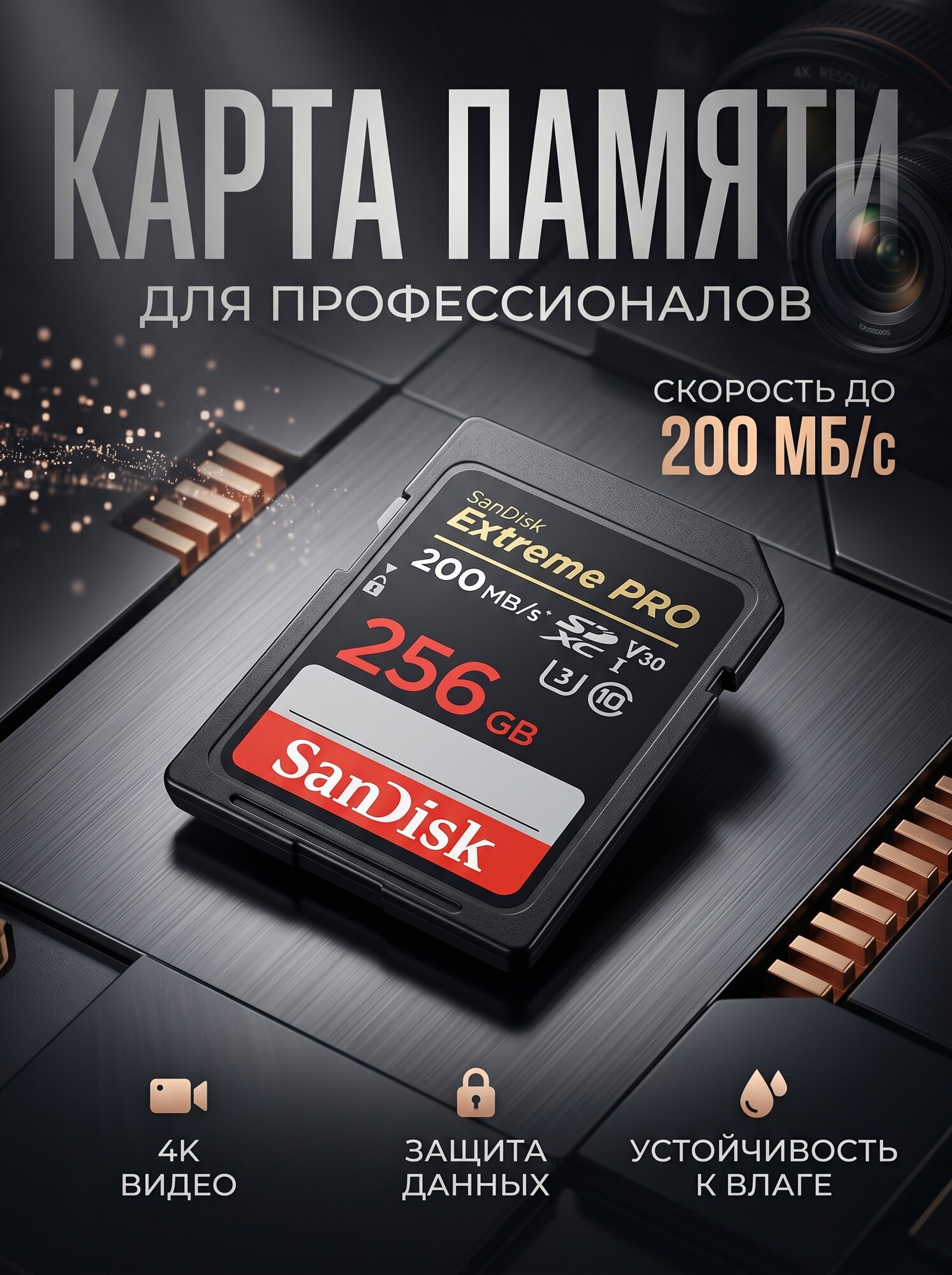 Карта памяти SanDisk SDXC 256 ГБ Class 10, V30, A2, UHS-I U3, RU, 1 шт, черный