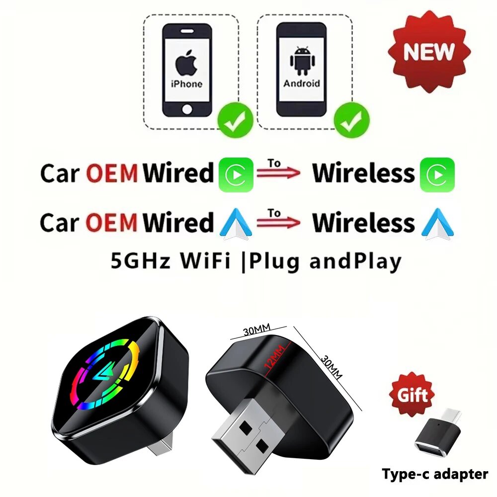 Беспроводной адаптер CarPlay 2 в 1, беспроводной Android Auto Dongle для проводов OEM автомобилей CarPlay, автомобильный радиоприемник Plug and Play, Bluetooth