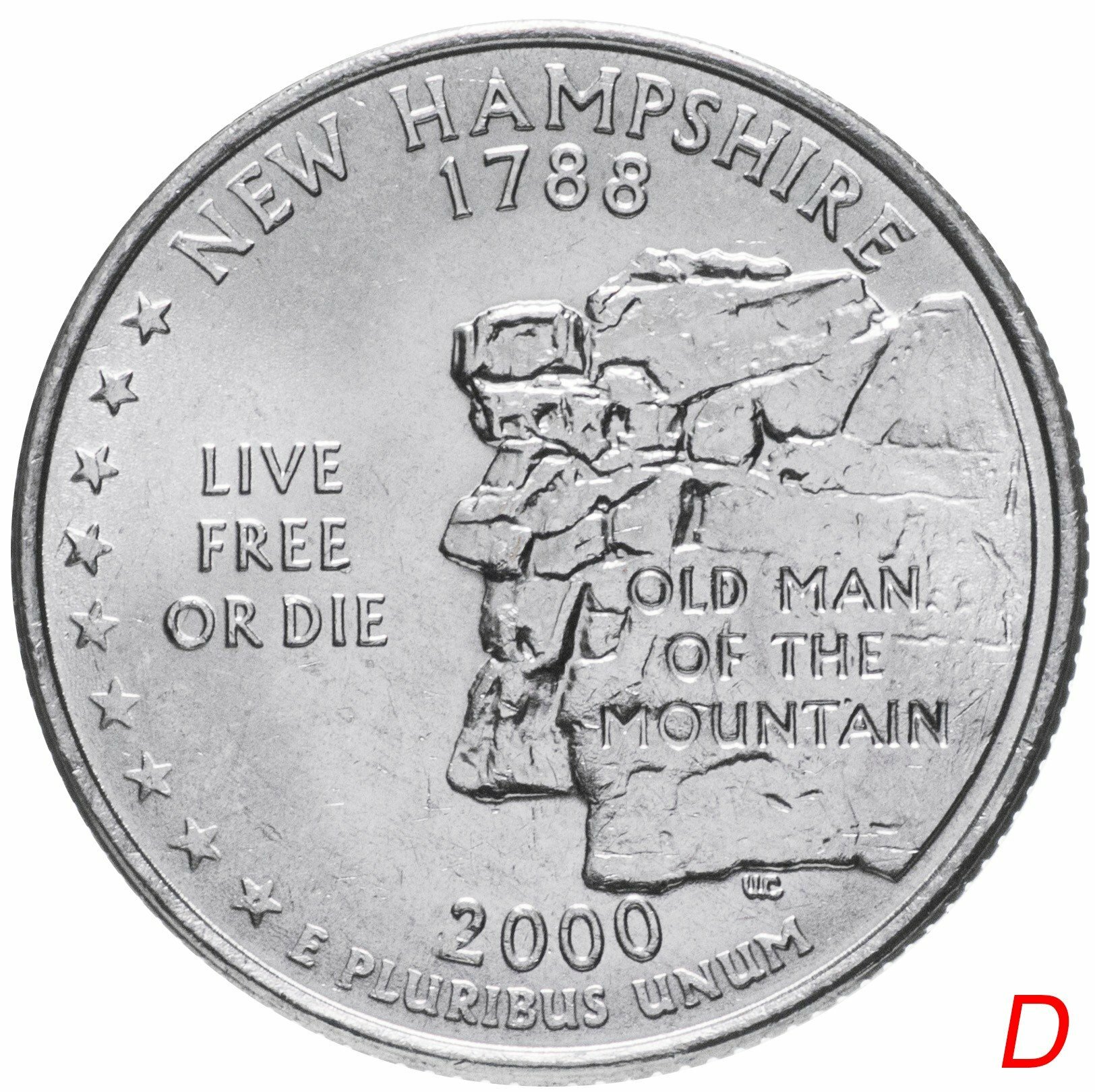 США 1/4 доллара квотер, 25 центов 2000 D "Штат Нью Гэмпшир", знак монетного двора "D" - Денвер, Медь, в сохранности UNC