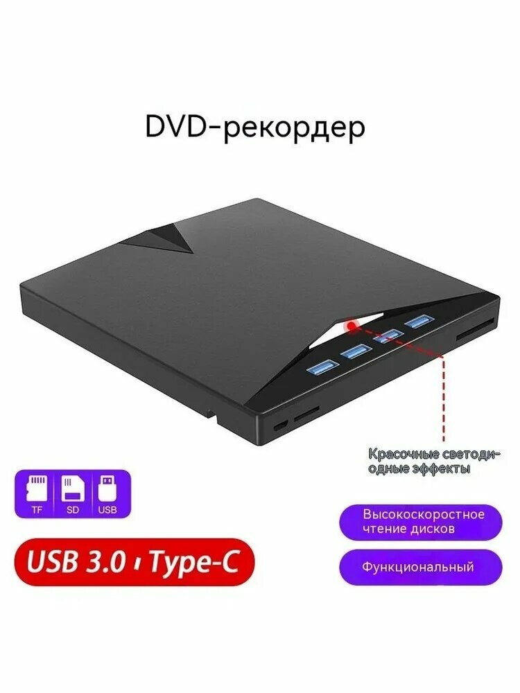 Портативный Blu-ray привод внешний дисковод USB 3.0 с кард-ридером SD/TF и Type-C для чтения дисков и быстрой передачи данных