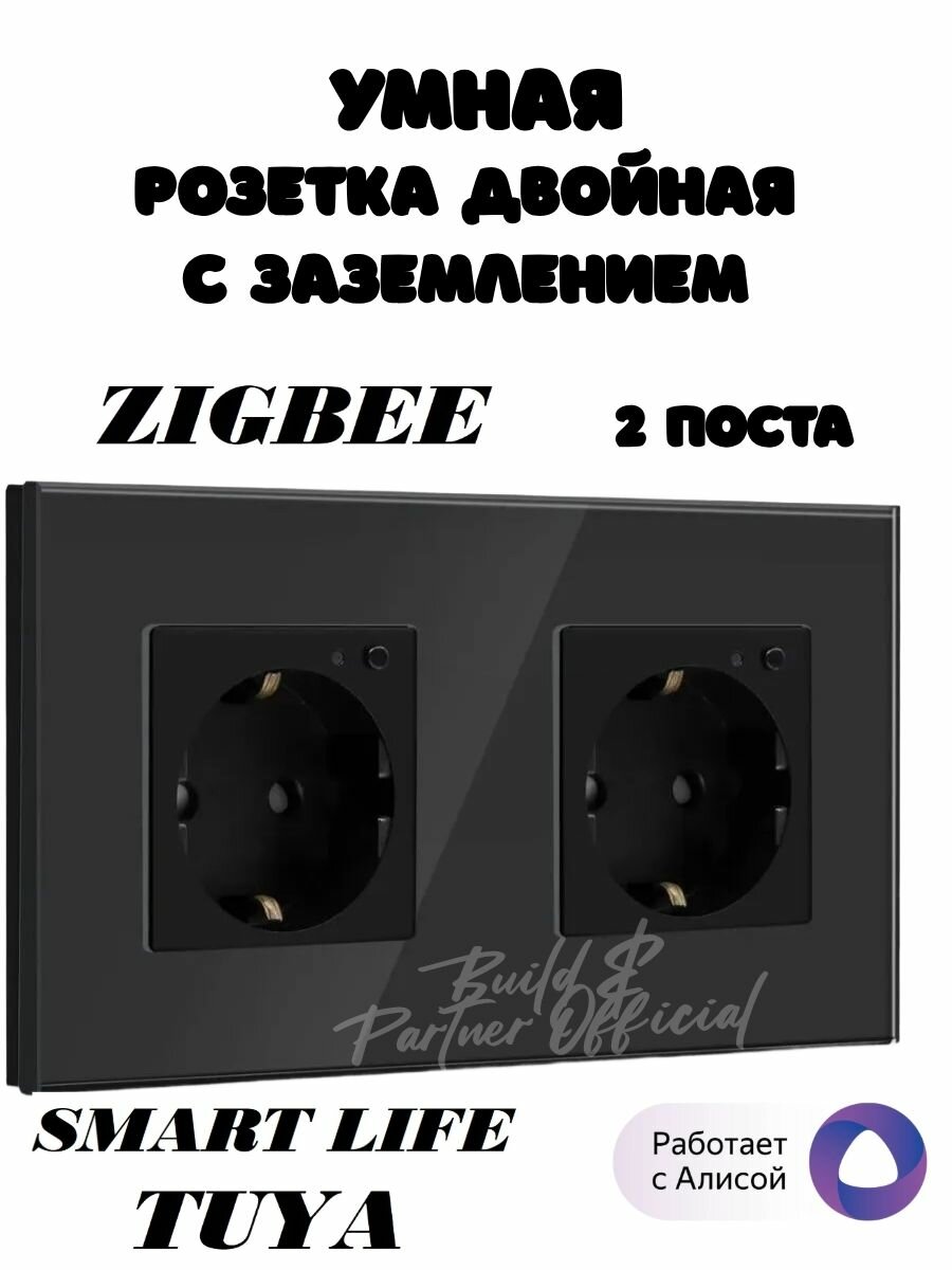 ZigBee умная розетка двойная с заземлением. Закаленное стекло. Энергомониторинг. Smart Life. Tuya. Для скрытого монтажа