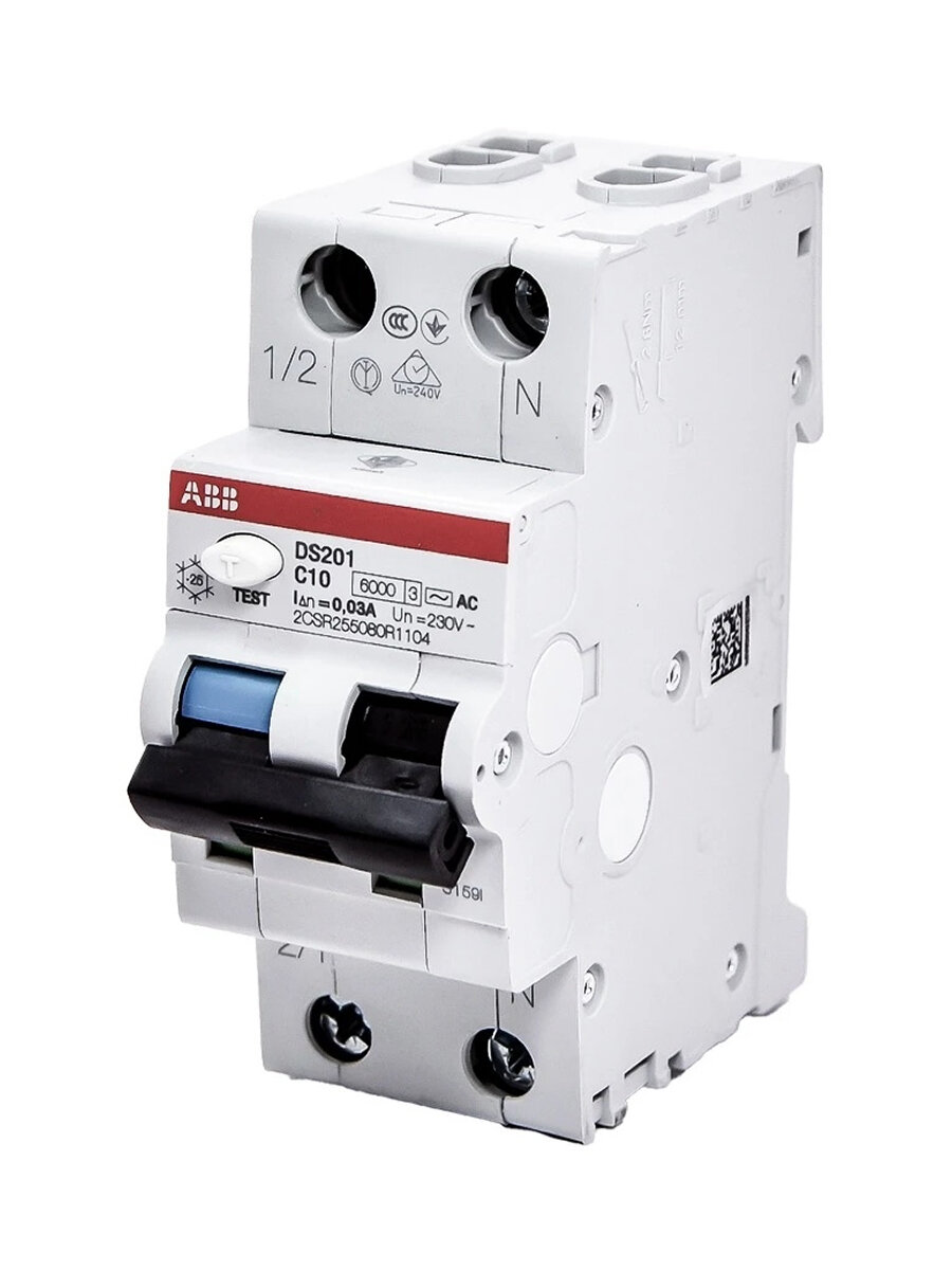 Автоматический выключатель ABB DS201 10А 3П тип расцепления AC 30мА 2 модуля