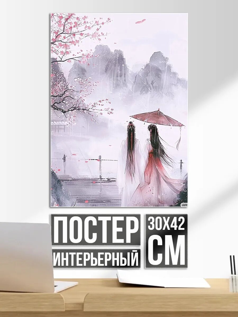 Плакат постер Две девушки под зонтом