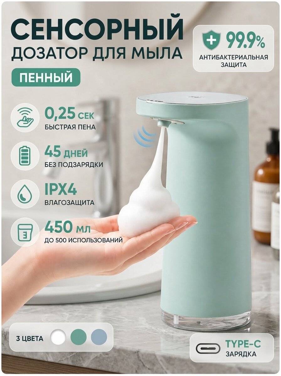 Большой объем 450мл сенсорный диспенсер для мыла - хватает на 500 использований для всей семьи