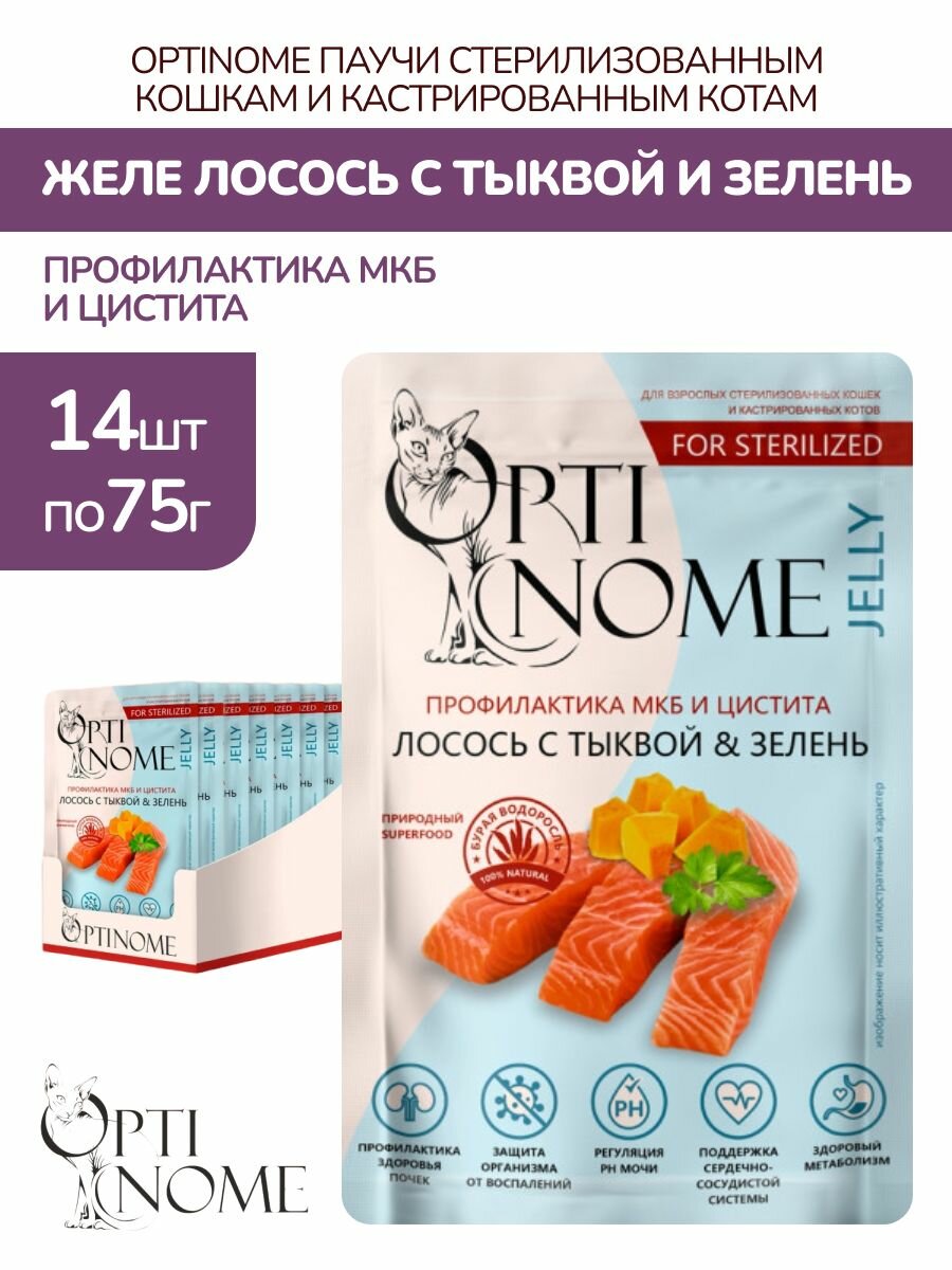 Optinome паучи стерилизованным кошкам и кастрированным котам профилактика МКБ и цистита желе Лосось тыква зелень 14х75г