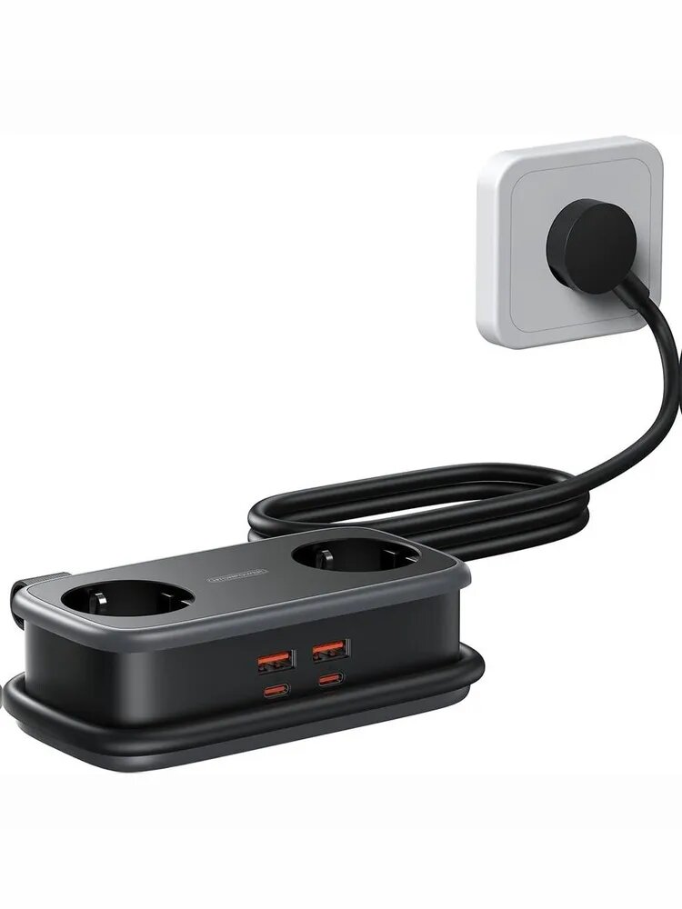 Удлинитель NTONPOWER GaN 65W с плоской вилкой и органайзером кабеля, 2 розетки + 4 USB (2C+2A), 1.5м для дома, офиса и круизов, черный