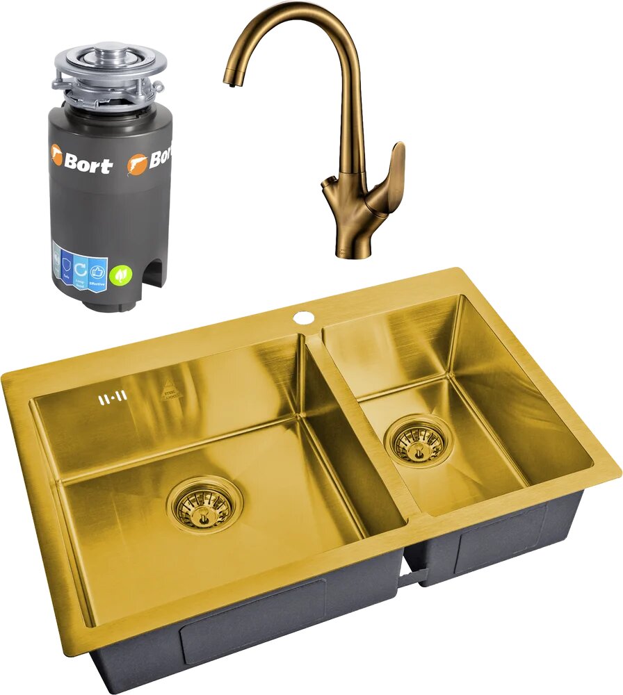 Комплект Мойка Steel Hammer SH 78-2-51-L BRONZE / Смеситель SH 815 BRONZE / Измельчитель Bort Titan 91275769