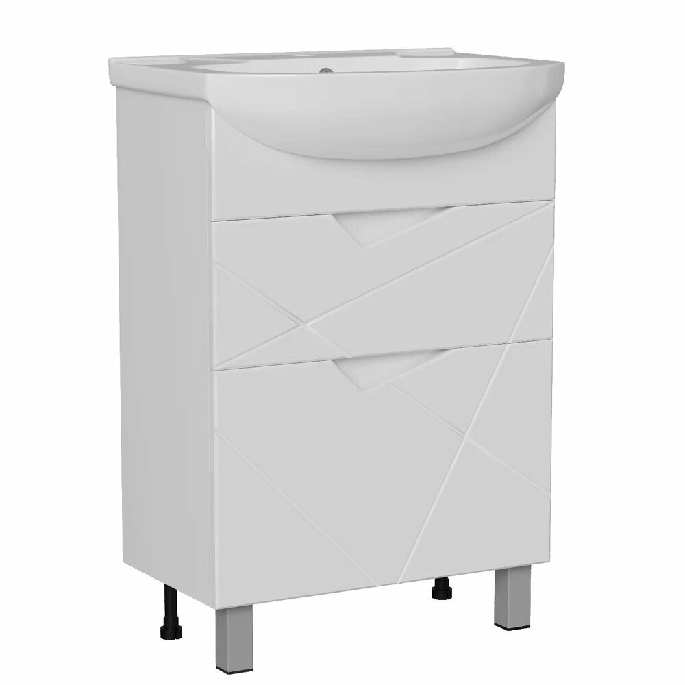 Тумба с раковиной Mixline Грани 60 напольная, 60 см, белая, глянцевая, из МДФ, с ящиками, раковина для ванной, фаянсовая, полукруглая, встроенный слив-перелив