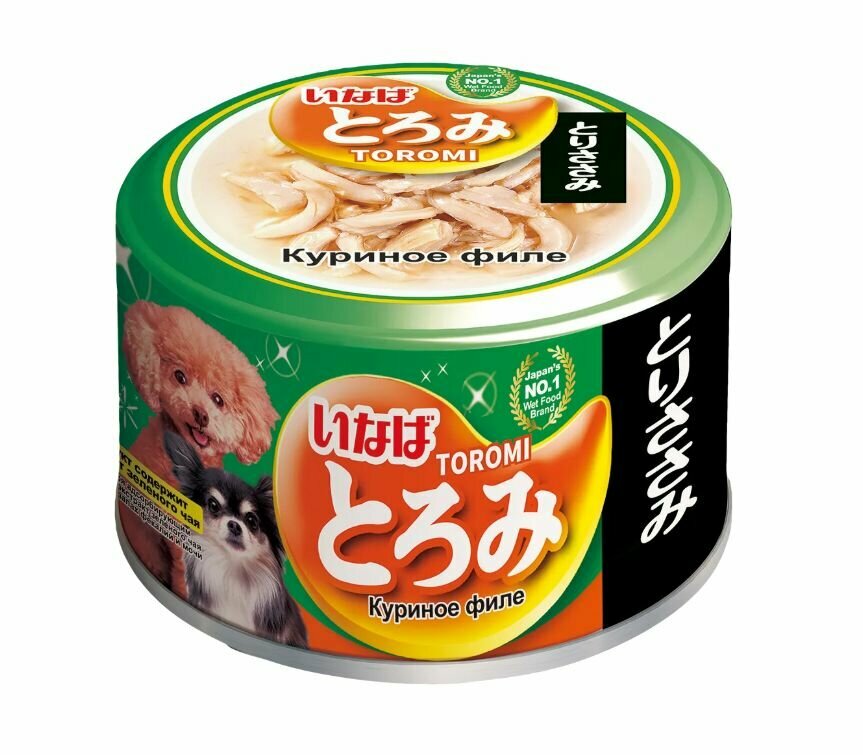 Inaba Toromi влажный дополнительный корм для взрослых собак всех пород с куриным филе в бульоне, в консервах - 80 г х 24 штуки