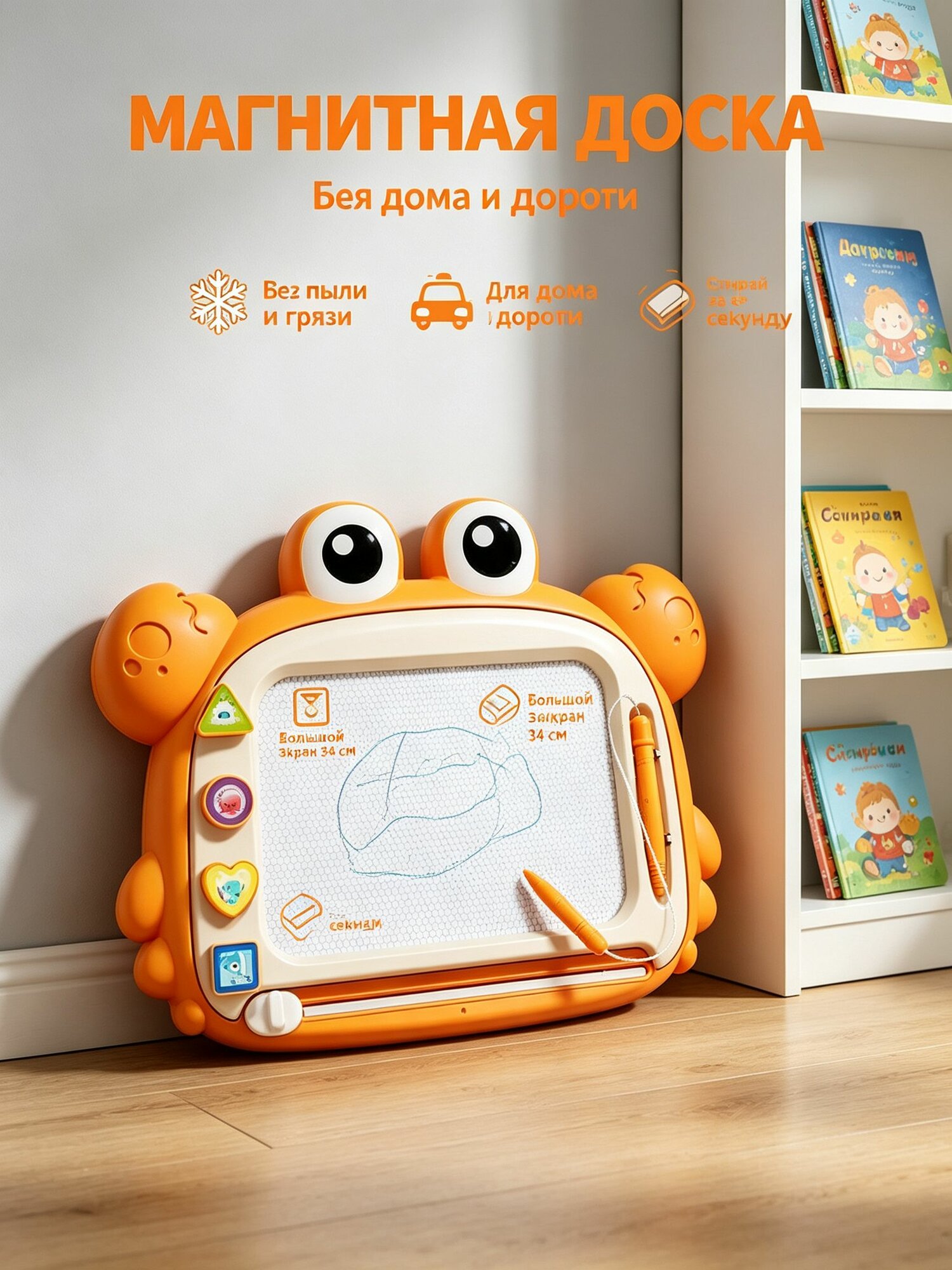 Планшет для рисования детский магнитный 34 26 см с ручкой и 4 штампами