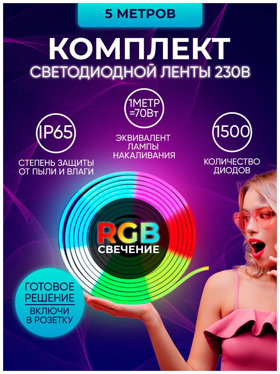 Светодиодная лента 220В, RGB, 12Вт/м, IP65, 5м