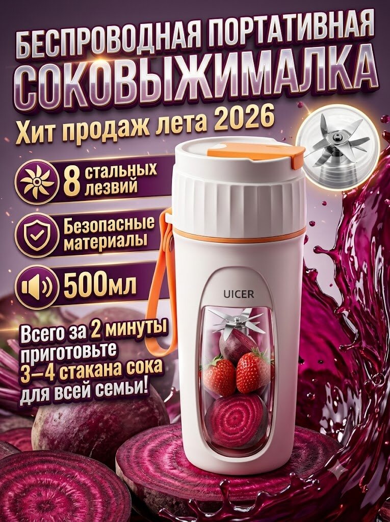 Портативный блендер беспроводной для смузи и коктейлей, 3 скорости с дисплеем, белый