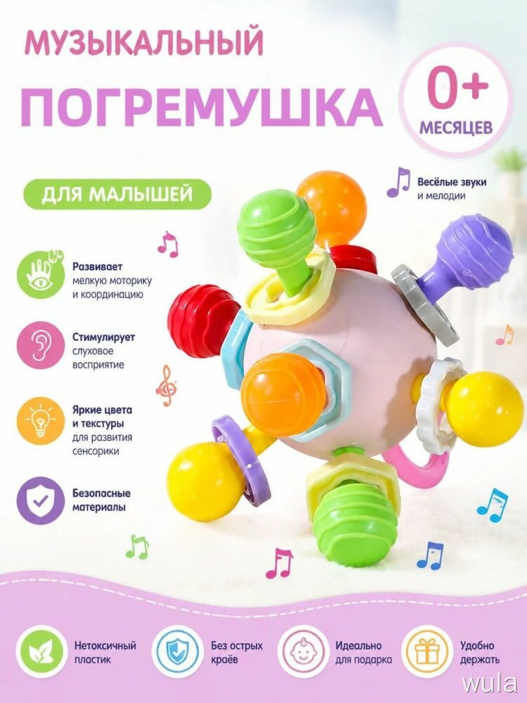 Погремушка для новорожденного 0+. Прорезыватель для зубов детский. Игрушки для малышей до года. Грызунок