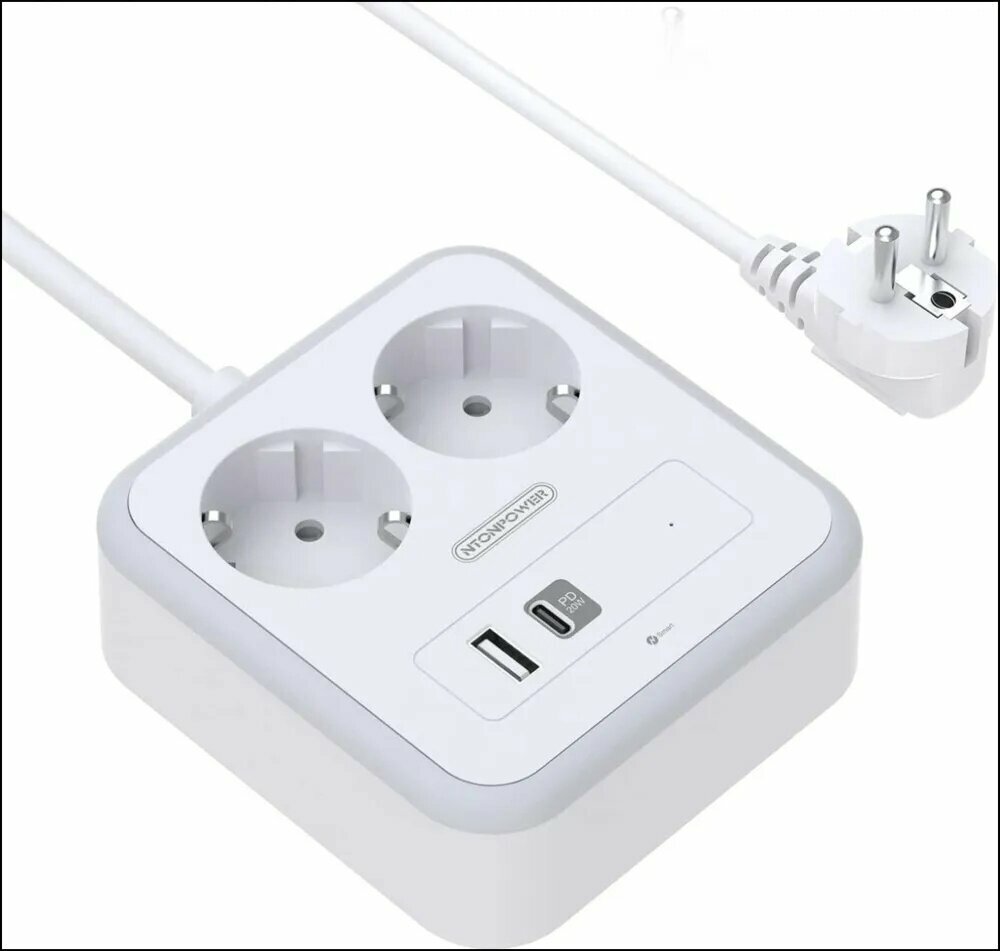 Эксклюзивный сетевой адаптер NTONPOWER APD оснащен двумя розетками и портами USBC PD 20W USBA 18W для применения в путешествиях и домашнем офисе, длина шнура составляет 1.5 метра