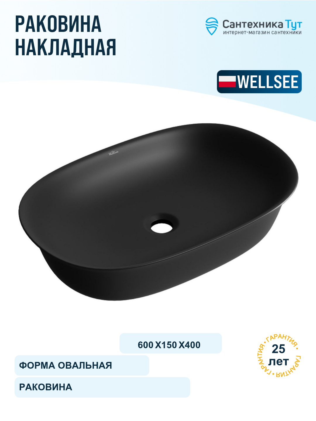 Раковина-чаша Wellsee Brillant iCon 60 326004000 цвет Черный матовый