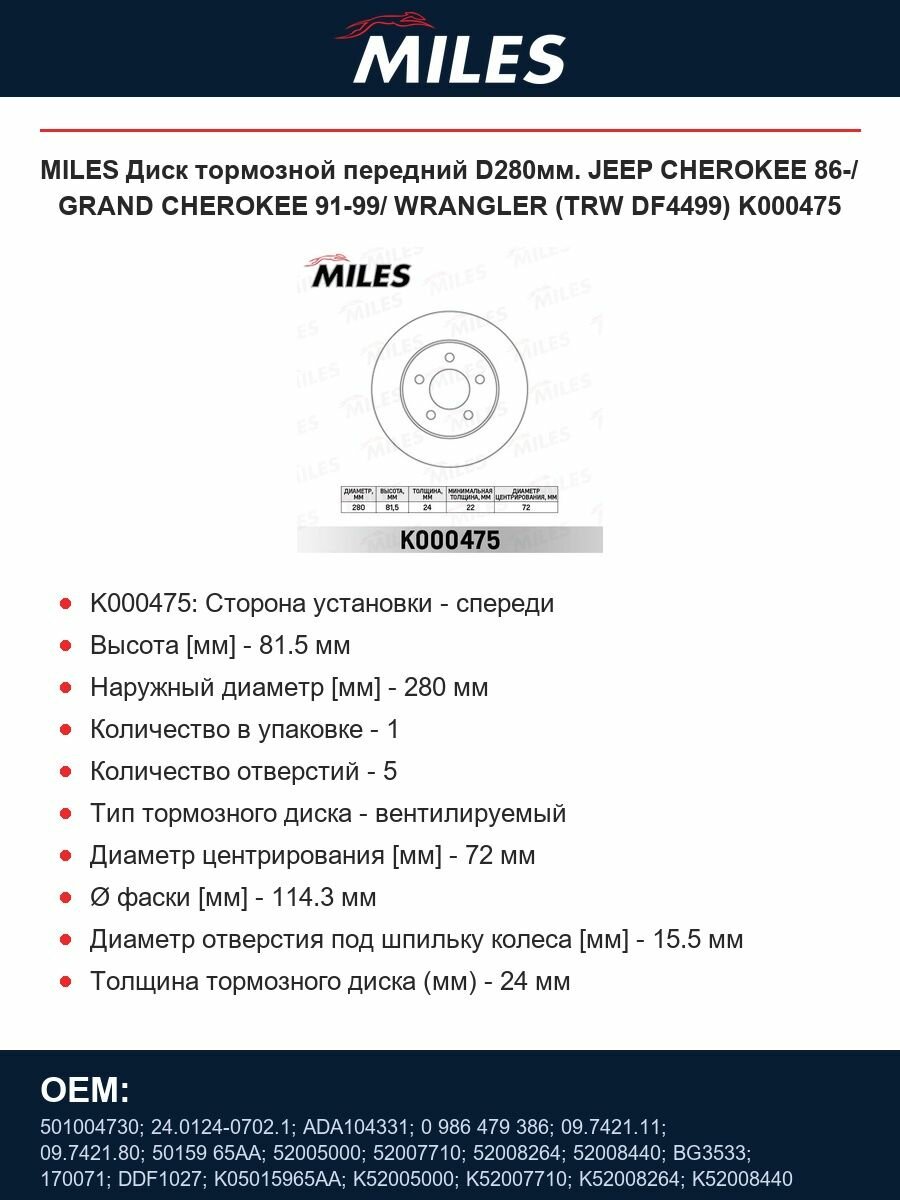 MILES Диск тормозной передний D280мм. JEEP CHEROKEE 86-/ GRAND CHEROKEE 91-99/ WRANGLER (TRW DF4499) K000475