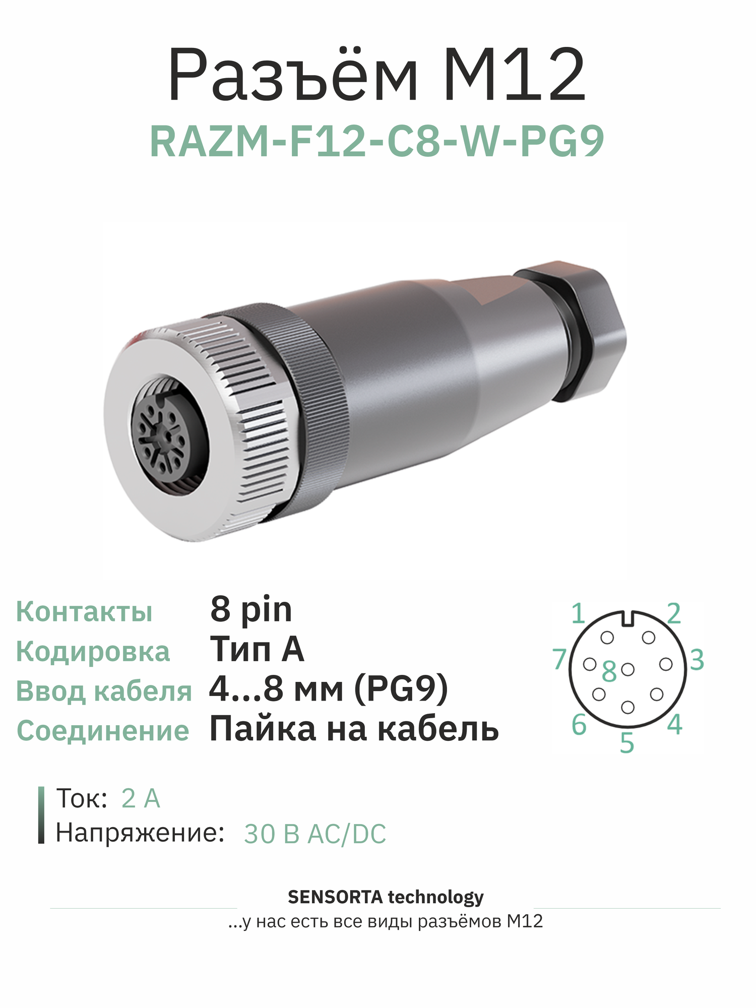 RAZM-F12-C8-W-PG9 разъём М12 8 pin прямой / розетка (мама) / PG9 (4-8 мм диаметр под кабель)